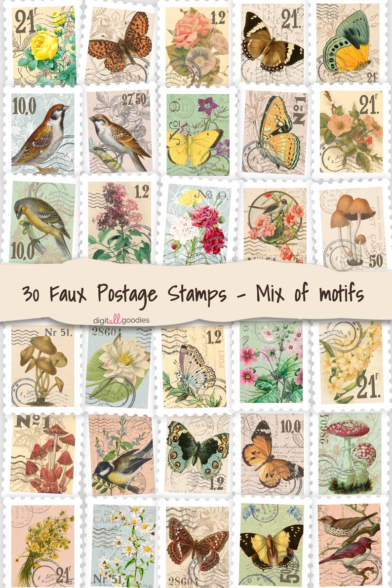 Faux Postage Stamps With Flowers Butterflies Mushrooms and - Etsy