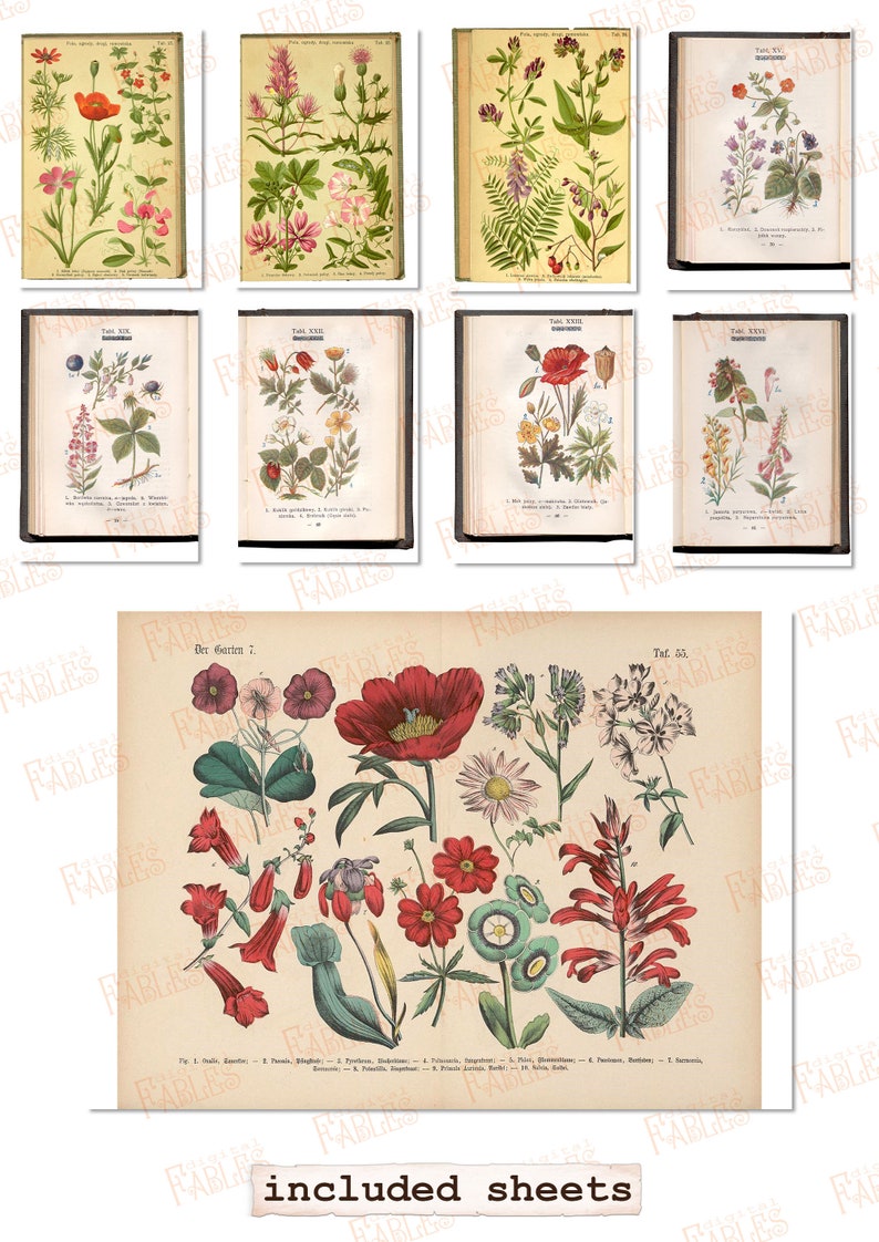 Vintage Floral Book Pages, Printable Botanical Nature Ephemera, Junk ...