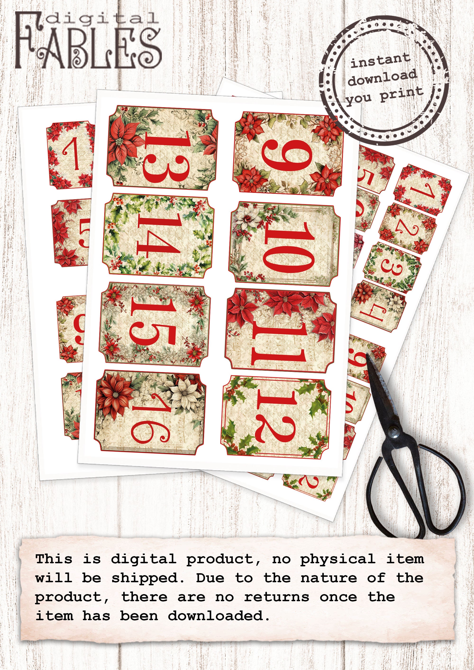Christmas Numbers, Advent Tags, Printable Scrapbook Vintage Ephemera ...