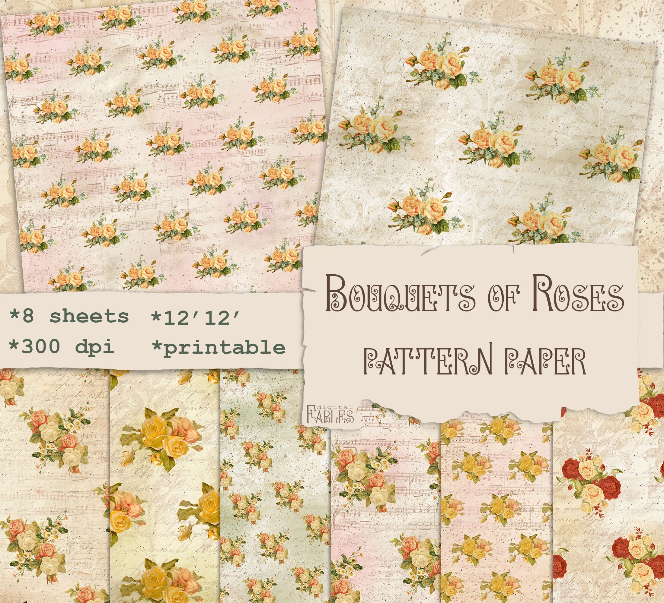 Vintage Romantic Roses Shabby Printable Pattern Paper for - Etsy
