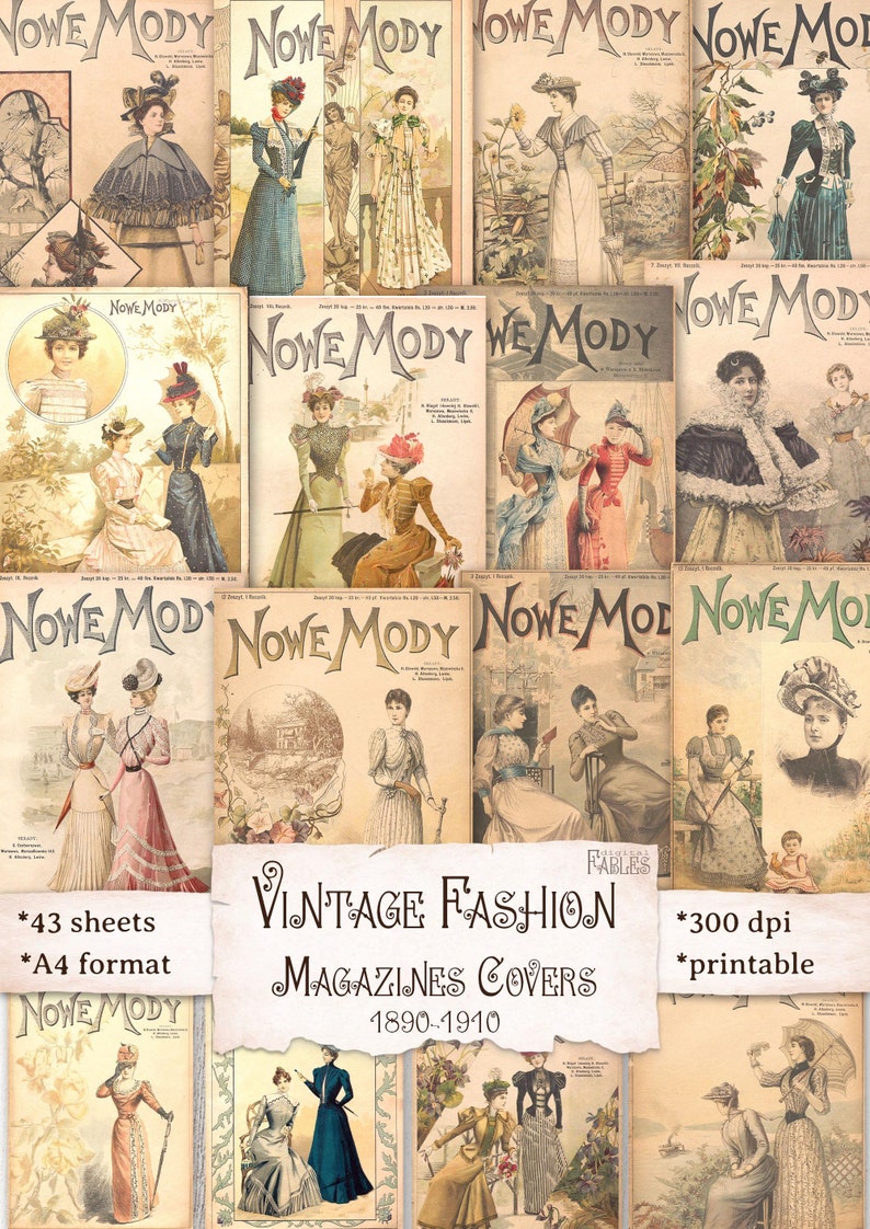 Vintage Fashion Old Magazine Covers, Authentic 1890-1910 Pages, Junk Journal Printable Ephemera ...