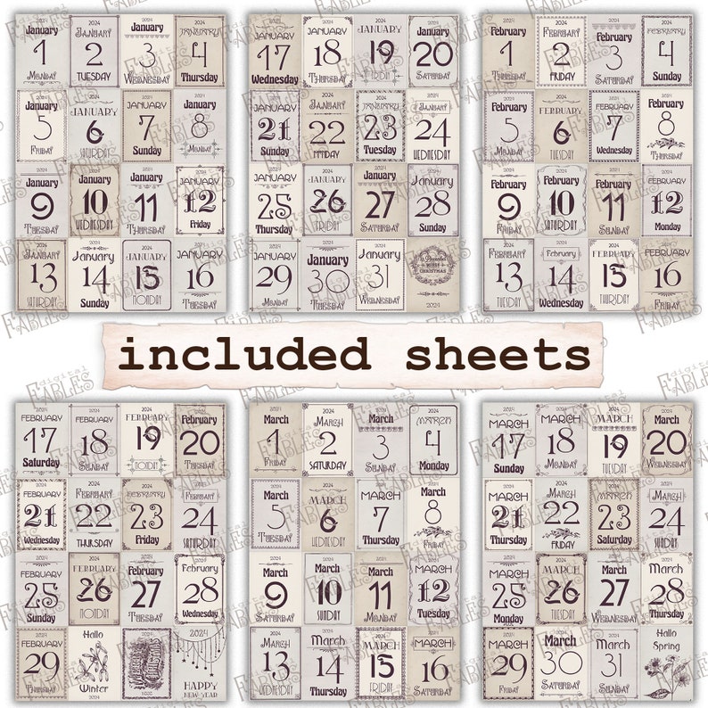 Vintage Style Calendar Cards With Dates 2024 GRAY, Mini Calendar, Junk ...