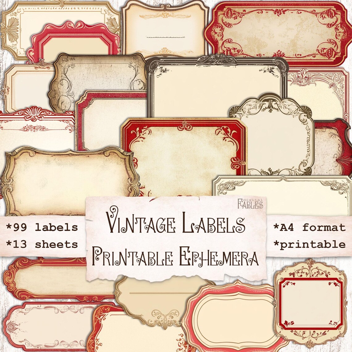 Vintage Lables With Red and Beige Frames, Retro Printable Junk Journal ...