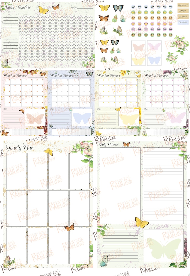 Printable Planner Sheets, Pastel and Butterfly, Daily, Weekly, Monthly ...