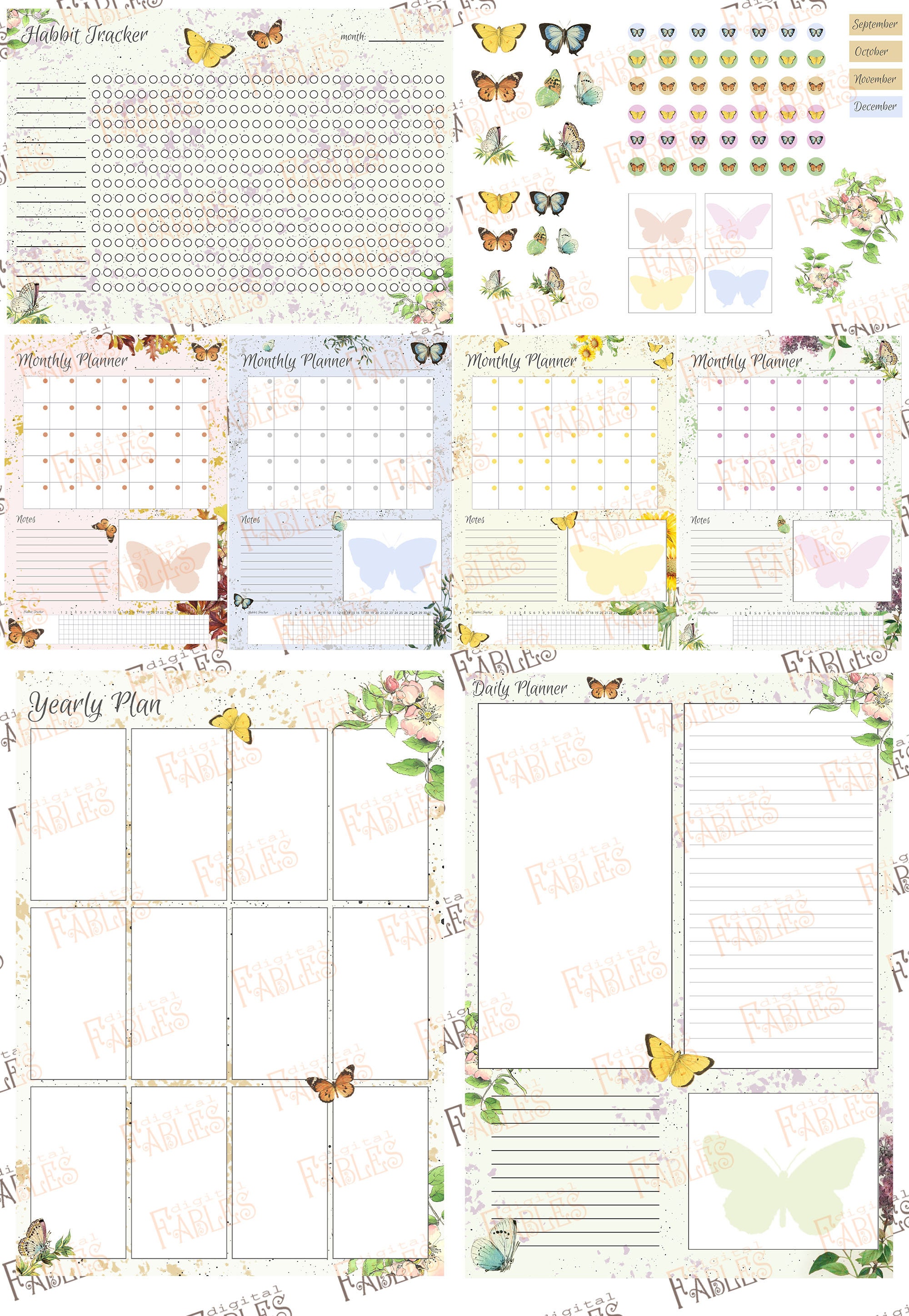 Printable Planner Sheets, Pastel and Butterfly, Daily, Weekly, Monthly ...