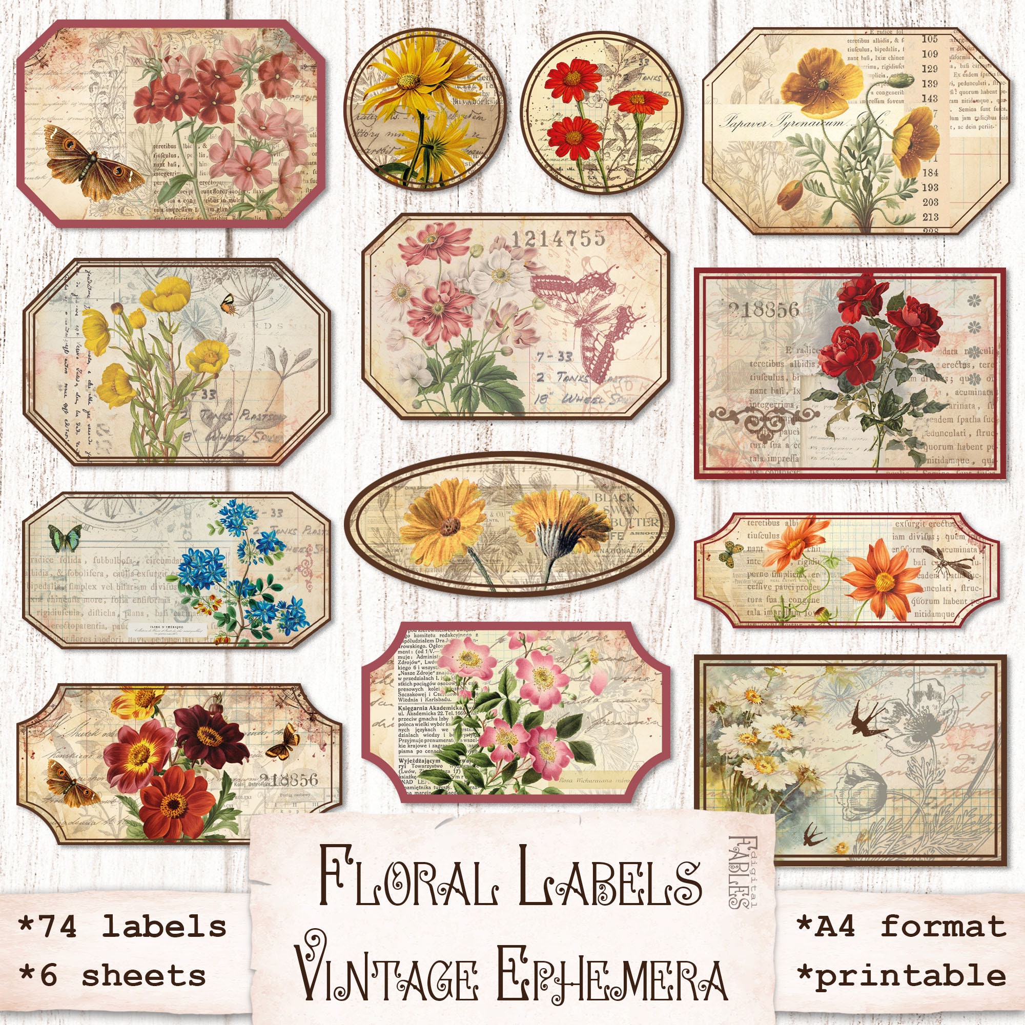 Floral Labels, Printable Vintage Flowers Ephemera, Junk Journal ...