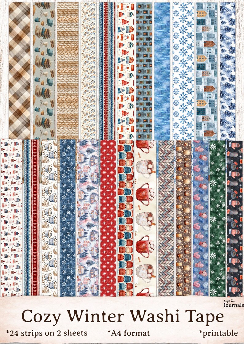 Cozy Winter Washi Tape Strips Printable, Winter Scrapbooking Ephemera ...