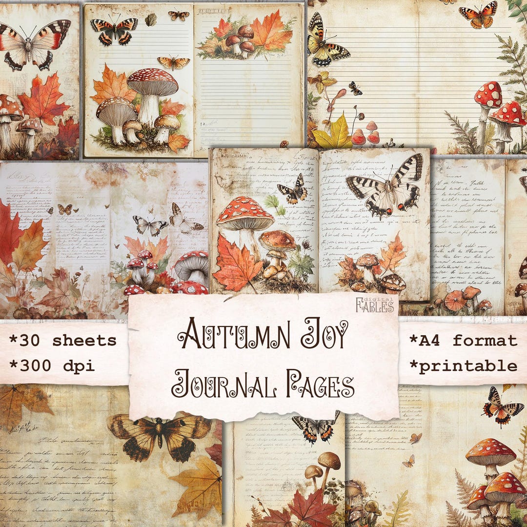 Autumn Junk Journal Printable Pages With Mushrooms and Butterflies ...