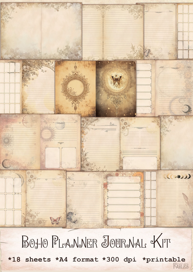 Boho Planner Junk Journal Kit, Undated Planner, Calendar, Lined Dotted ...