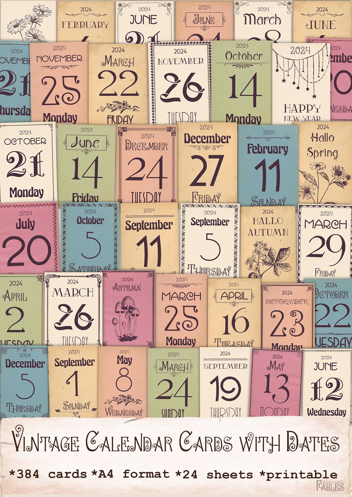 Vintage Style Calendar Cards With Dates 2024, Mini Calendar, Junk ...