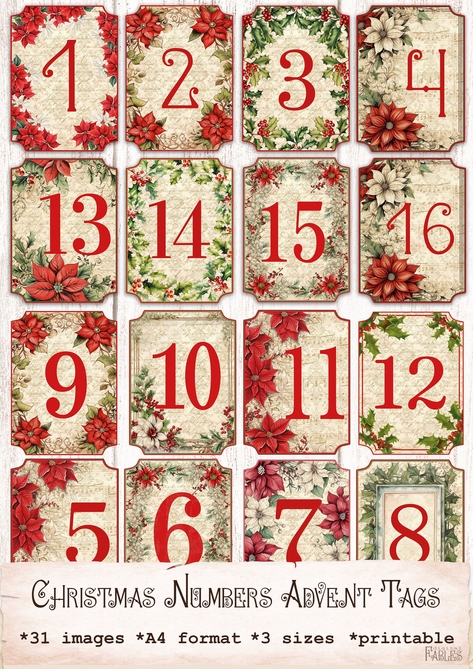 Christmas Numbers, Advent Tags, Printable Scrapbook Vintage Ephemera ...