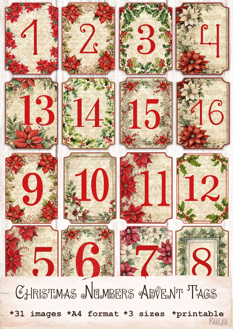 Christmas Numbers, Advent Tags, Printable Scrapbook Vintage Ephemera ...