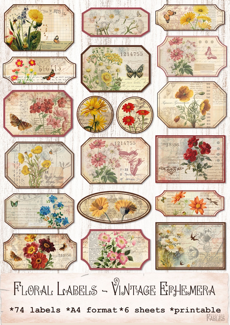 Floral Labels, Printable Vintage Flowers Ephemera, Junk Journal ...