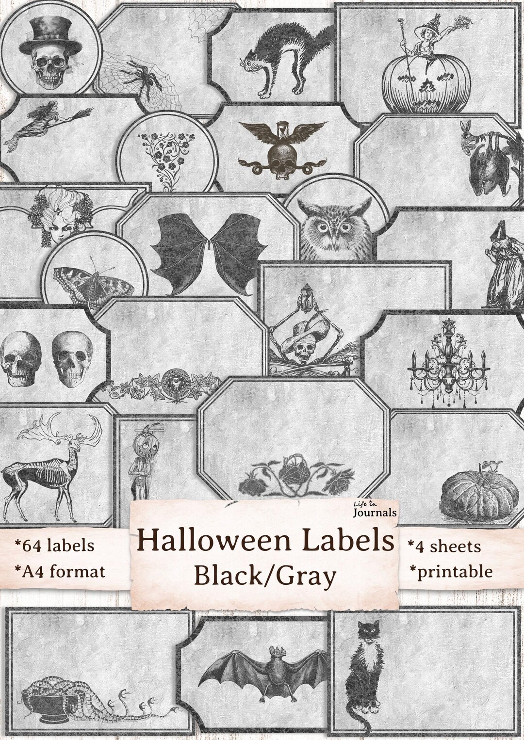 Black & Gray Vintage Halloween Labels, Junk Journal Printable Ephemera ...