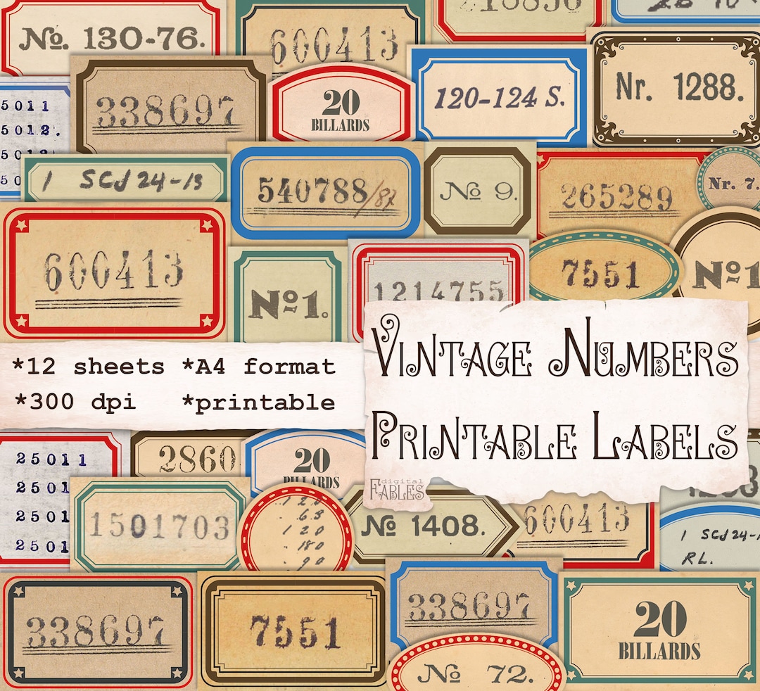 Vintage Numbers on Retro Lables, Printable Junk Journal Ephemera ...