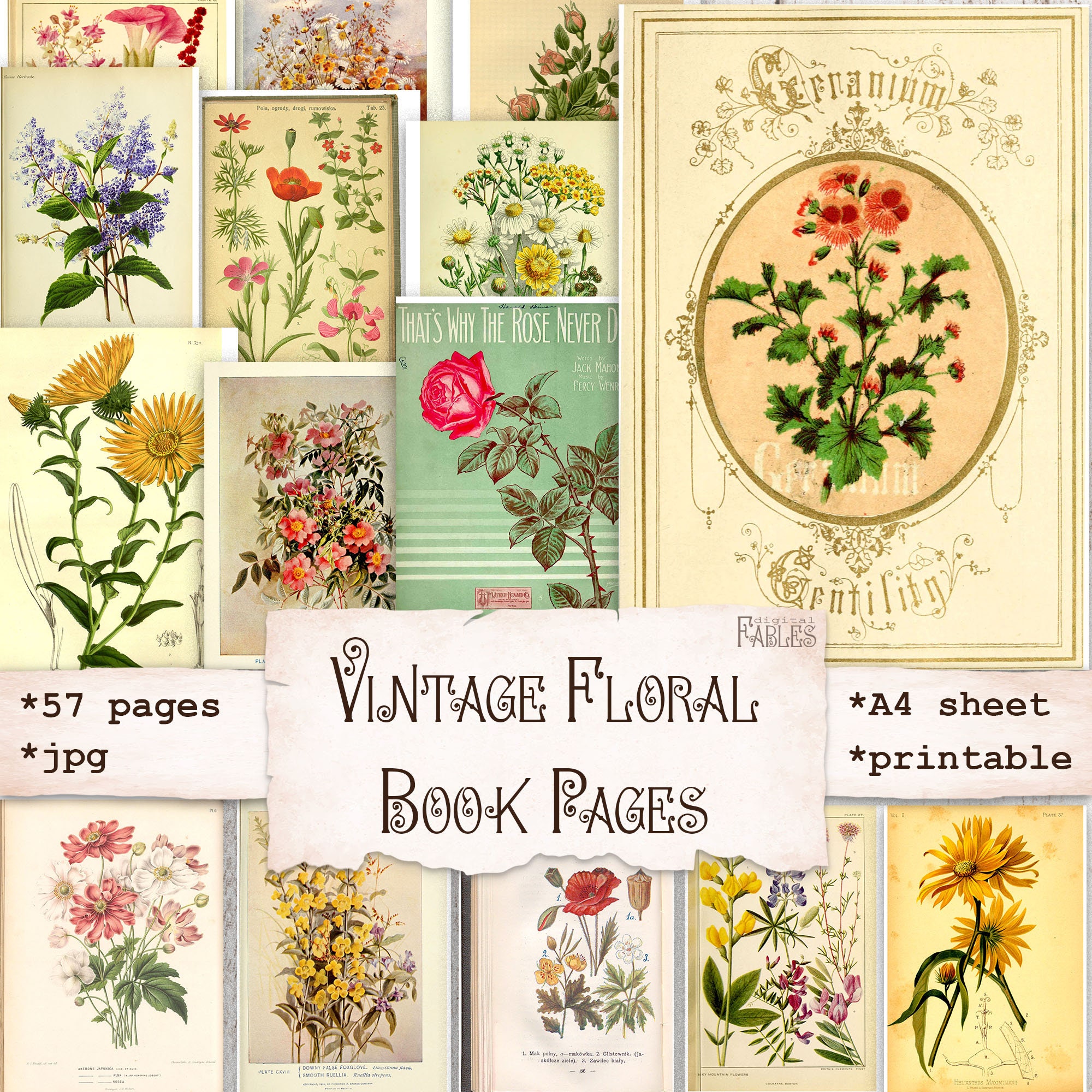 Vintage Floral Book Pages, Printable Botanical Nature Ephemera, Junk ...