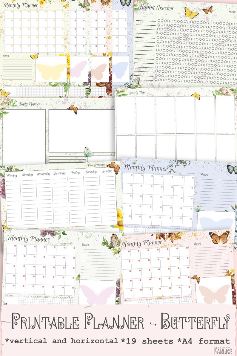 Printable Planner Sheets, Pastel and Butterfly, Daily, Weekly, Monthly ...