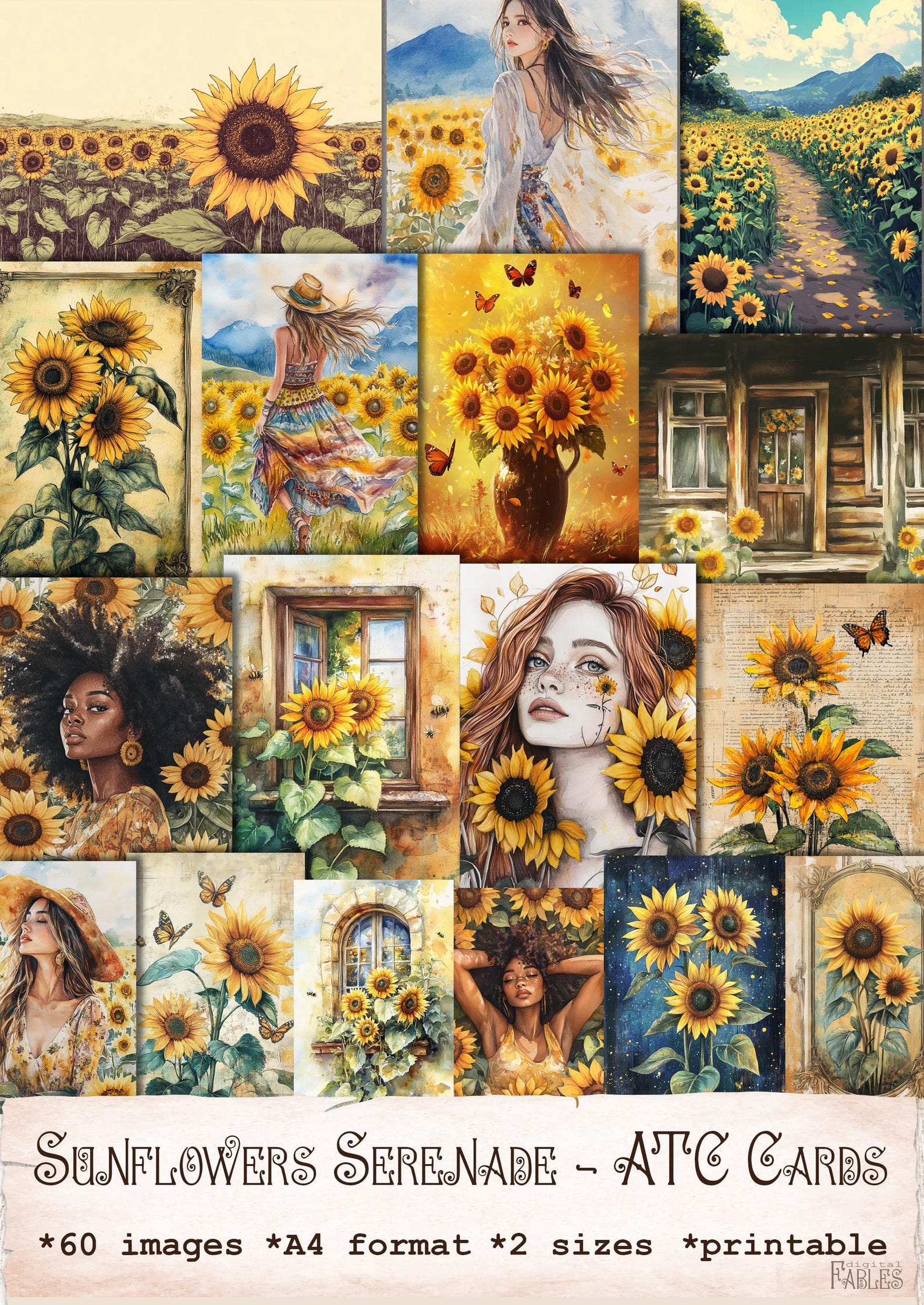 Sunflowers Serenade ATC Cards, Junk Journal Ephemera, Printable ...