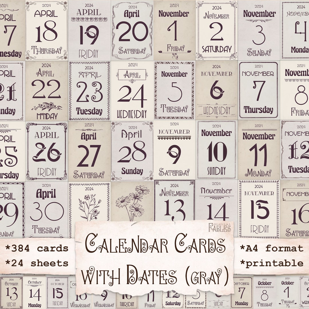 Vintage Style Calendar Cards With Dates 2024 GRAY, Mini Calendar, Junk ...