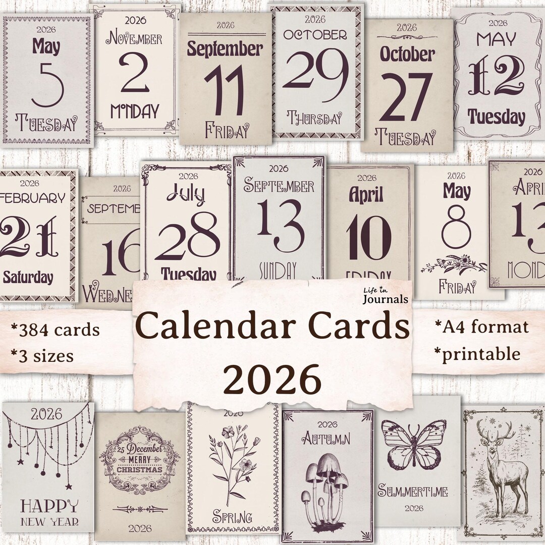 2026 Vintage Style Calendar Cards GRAY: Junk Journal Ephemera ...