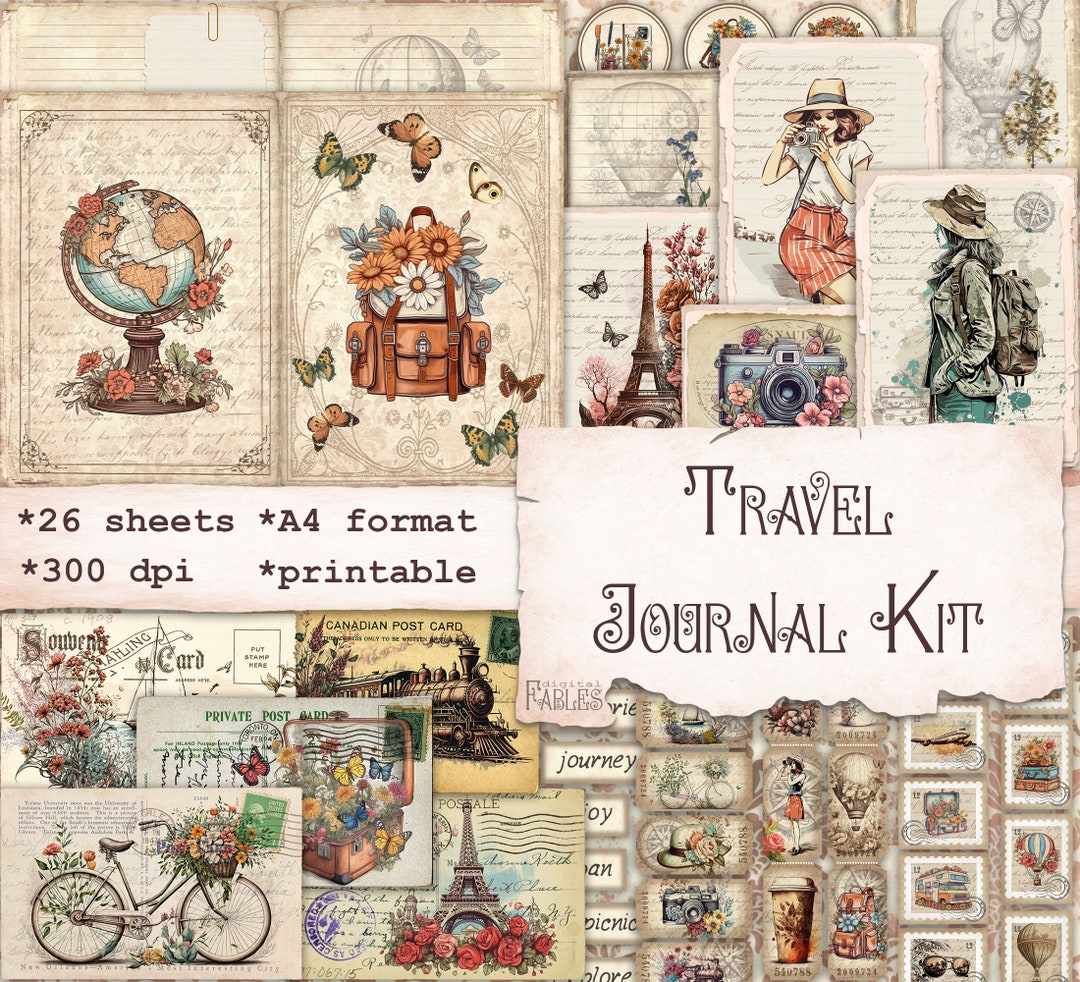 Travel Journal Kit, Digital Printable, Travelers Notebook Scrapbook Kit ...