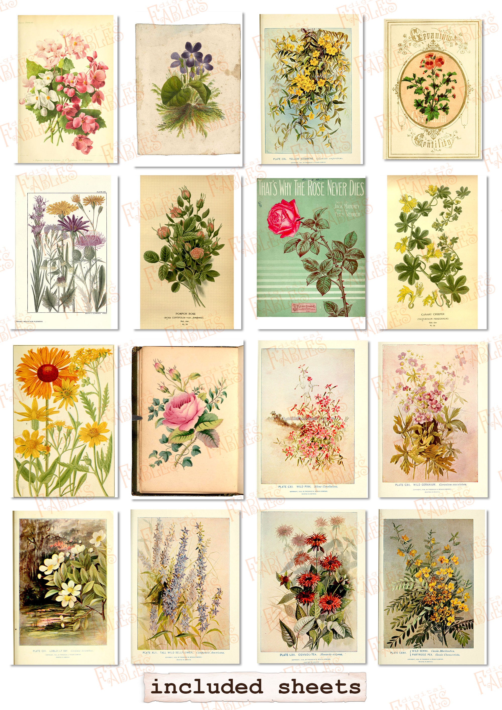 Vintage Floral Book Pages, Printable Botanical Nature Ephemera, Junk ...