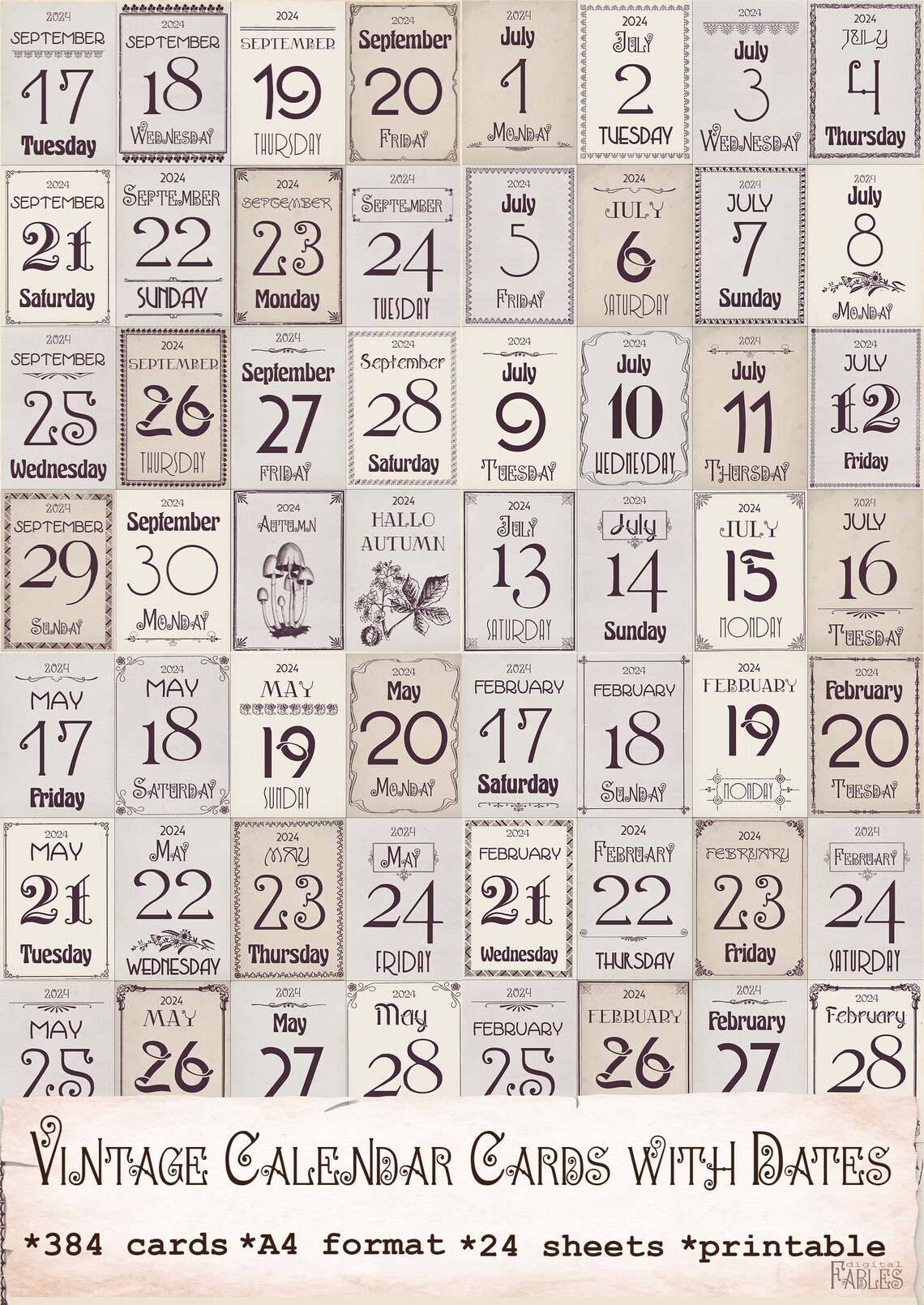 Vintage Style Calendar Cards With Dates 2024 GRAY, Mini Calendar, Junk ...