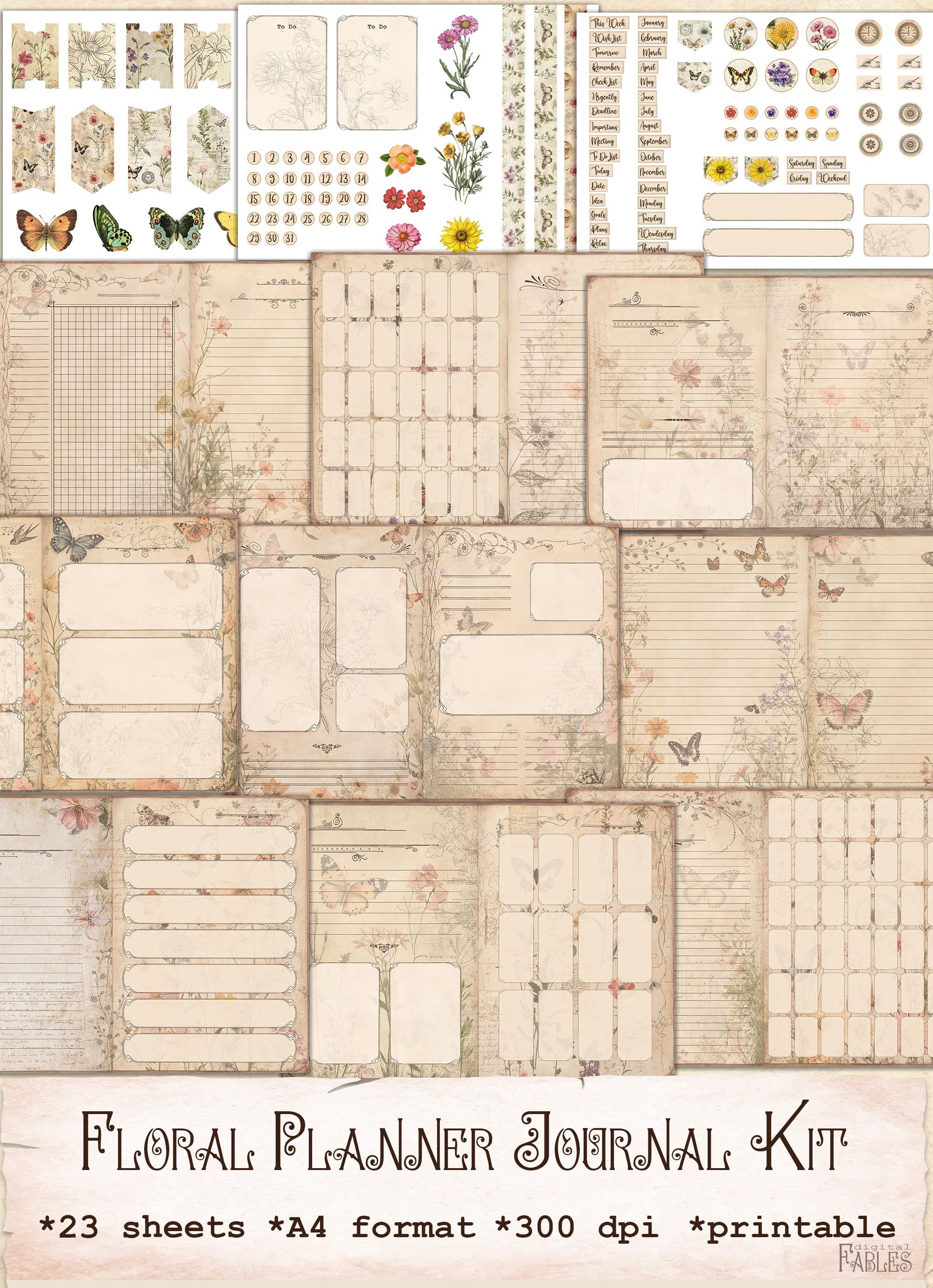 Planner Junk Journal Kit - Vintage Flowers, Undated Planner, Calendar ...