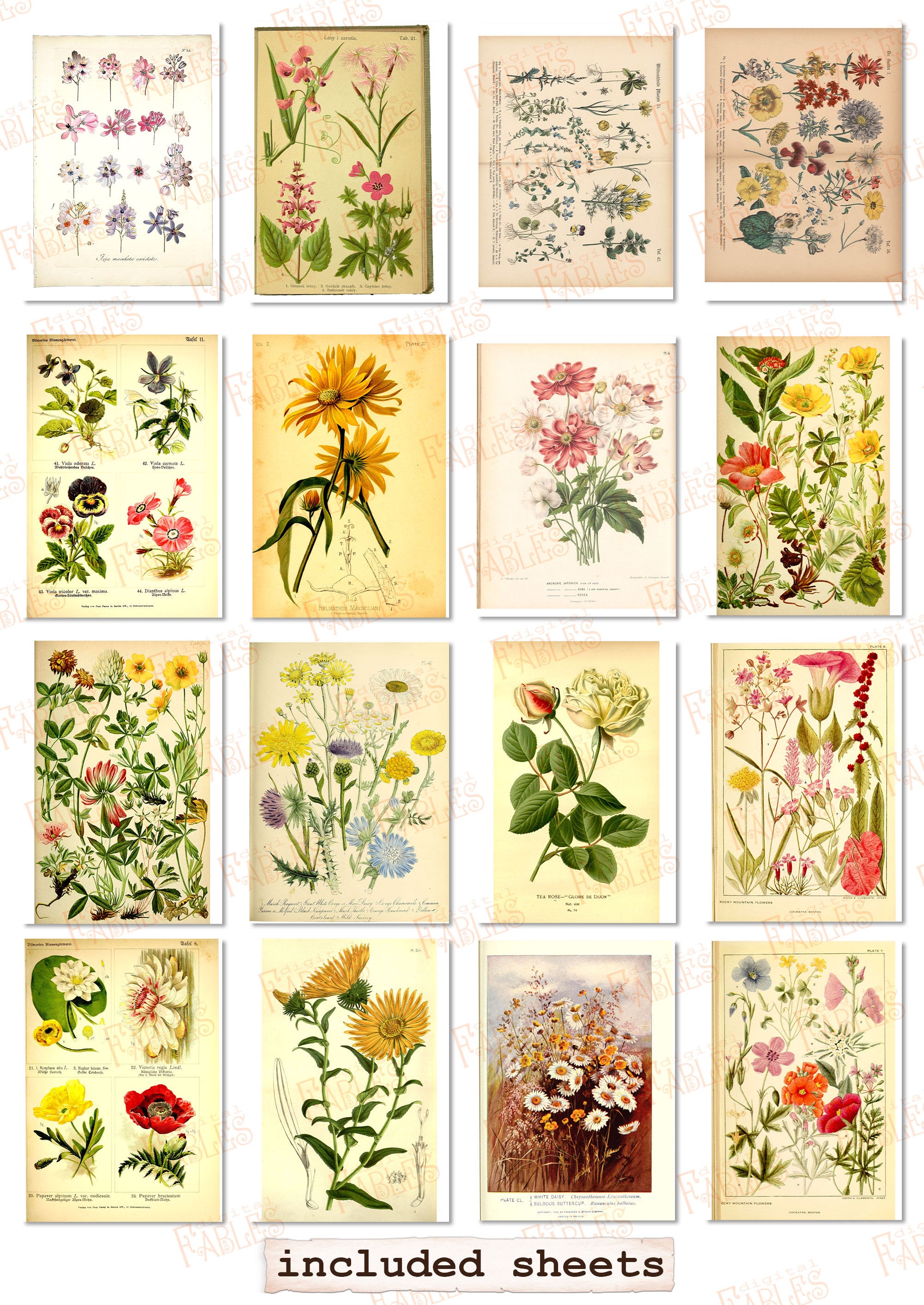 Vintage Floral Book Pages, Printable Botanical Nature Ephemera, Junk ...