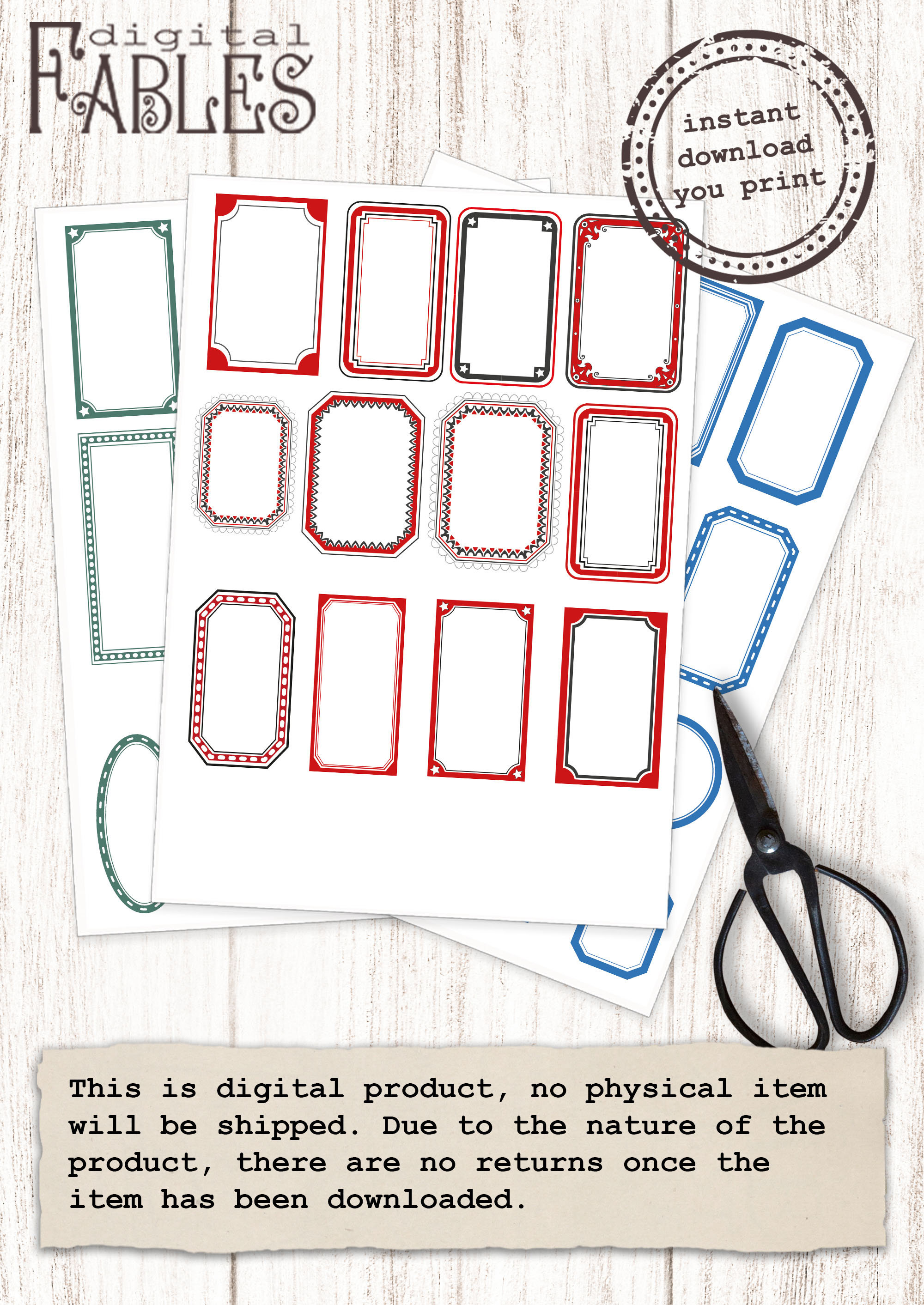 Retro Labels Printable, Vintage Style Ephemera, Red Green Blue Frame ...