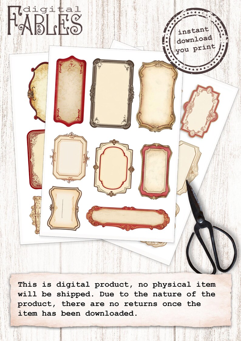 Vintage Lables With Red and Beige Frames, Retro Printable Junk Journal ...