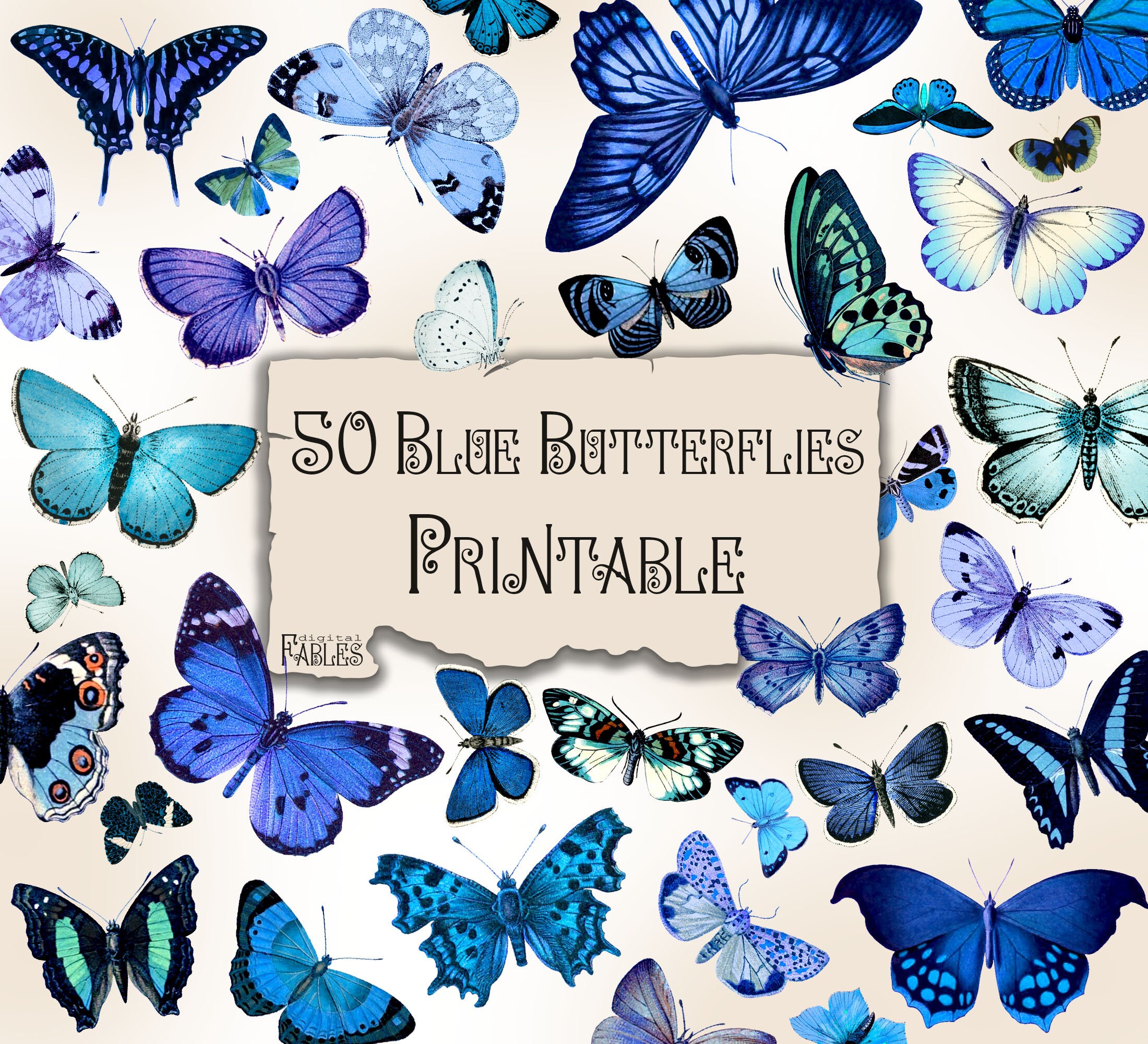 50 Blue Butterflies, Vintage Fussy Cut Images, Decorating Junk Journal ...
