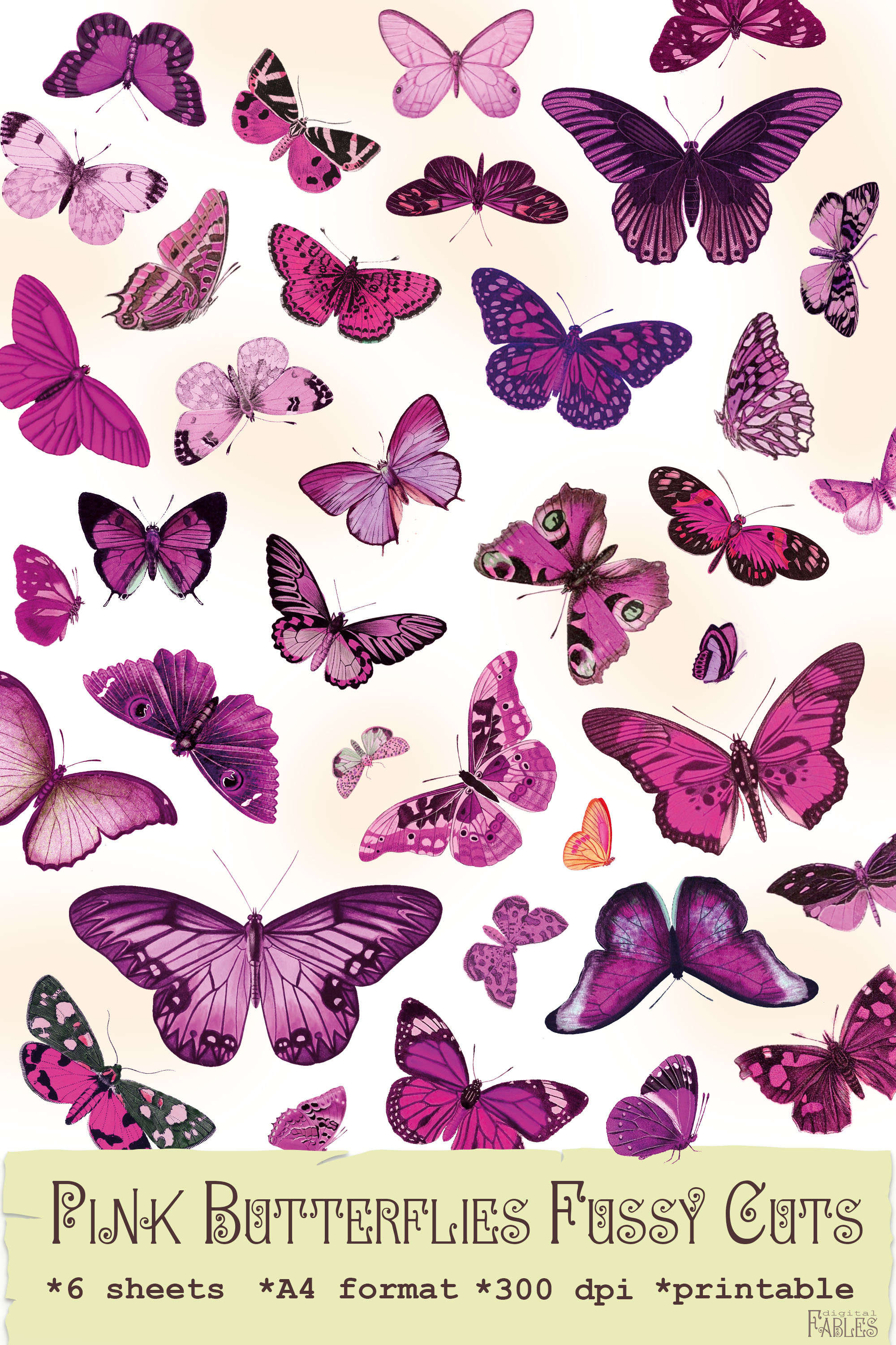 Pink Butterflies, Printable Fussy Cut Images, Vintage Nature Ephemera ...