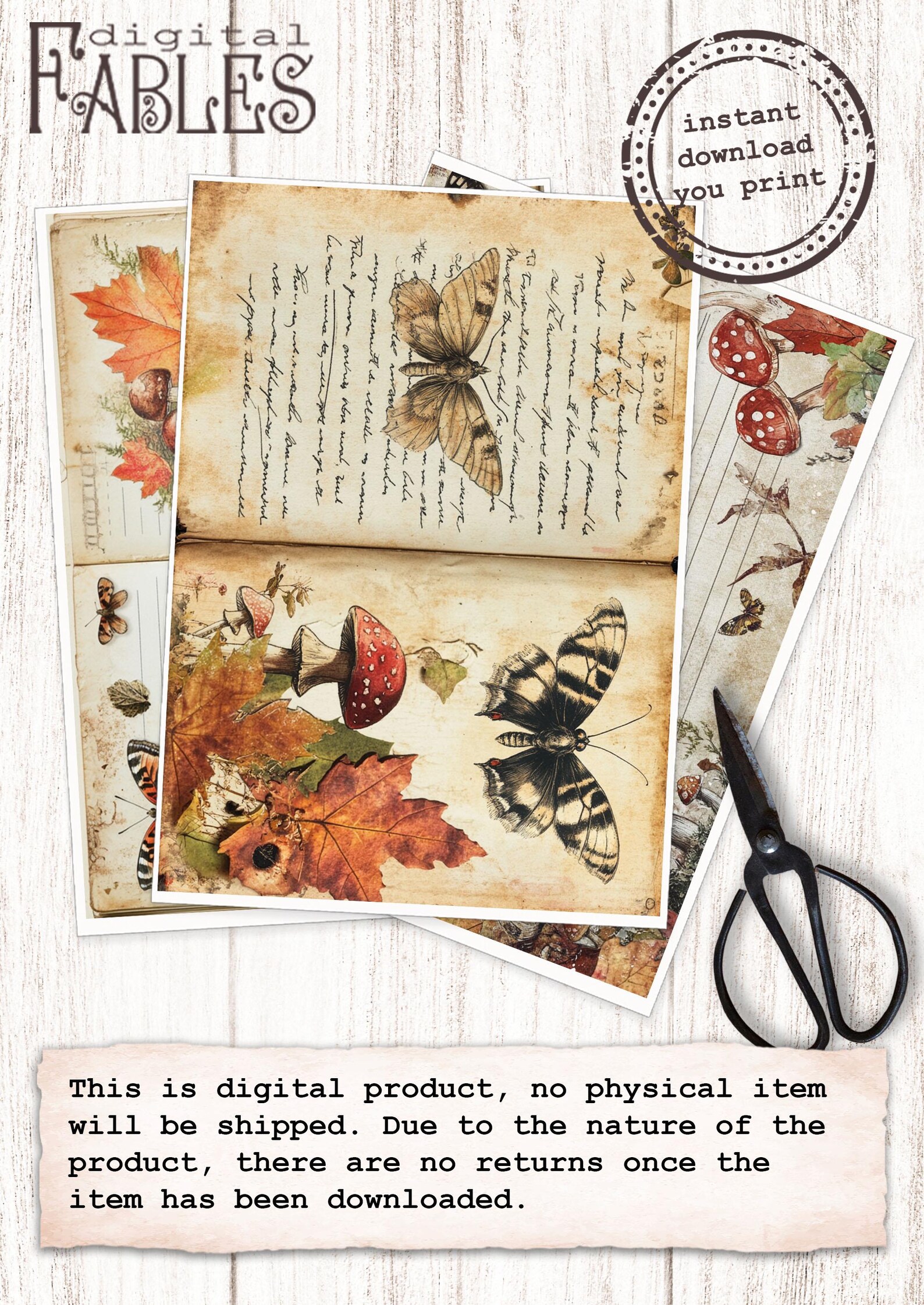 Autumn Junk Journal Printable Pages With Mushrooms and Butterflies ...