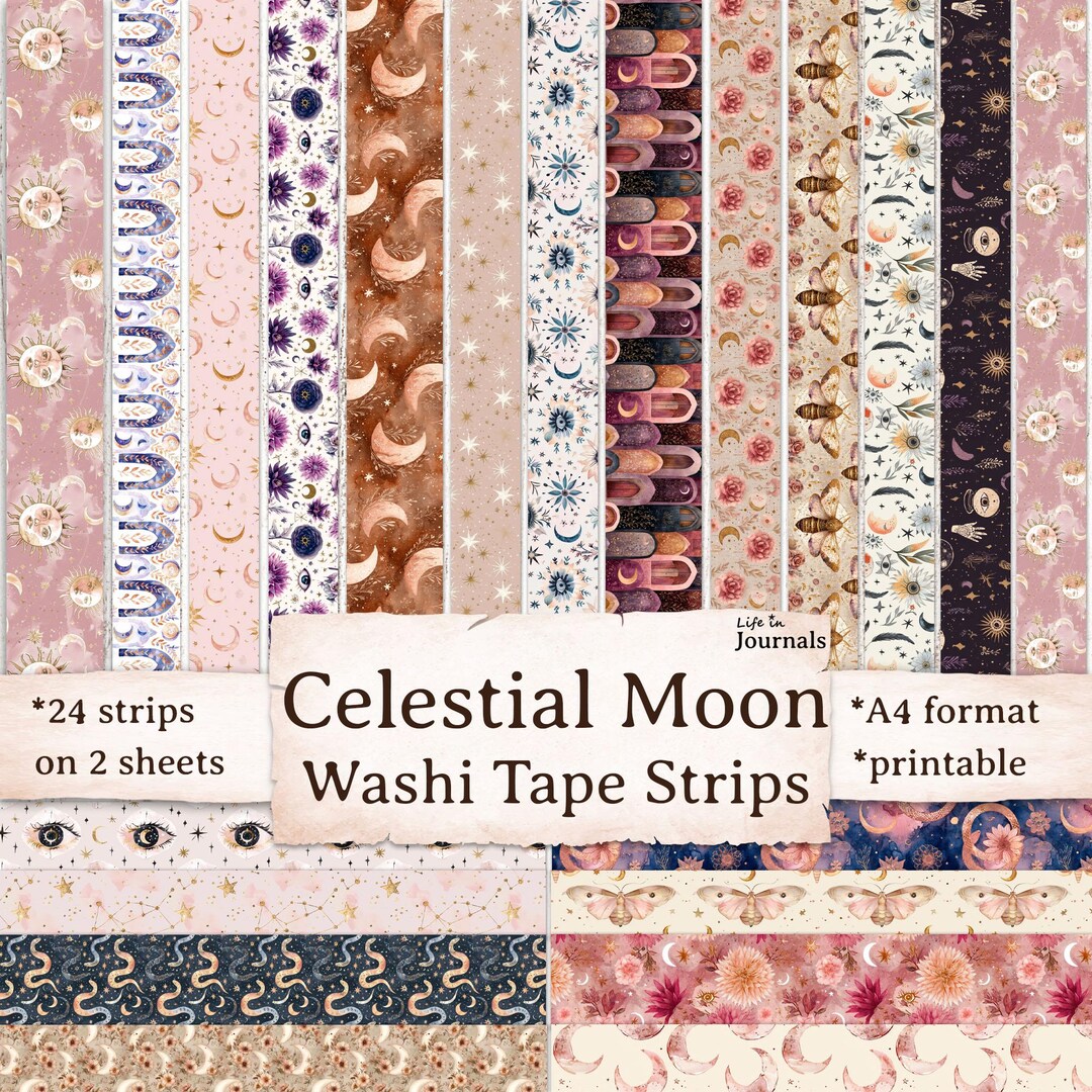 Celestial Moon Washi Tape Strips Printable, Galaxy Moon Junk Journal ...