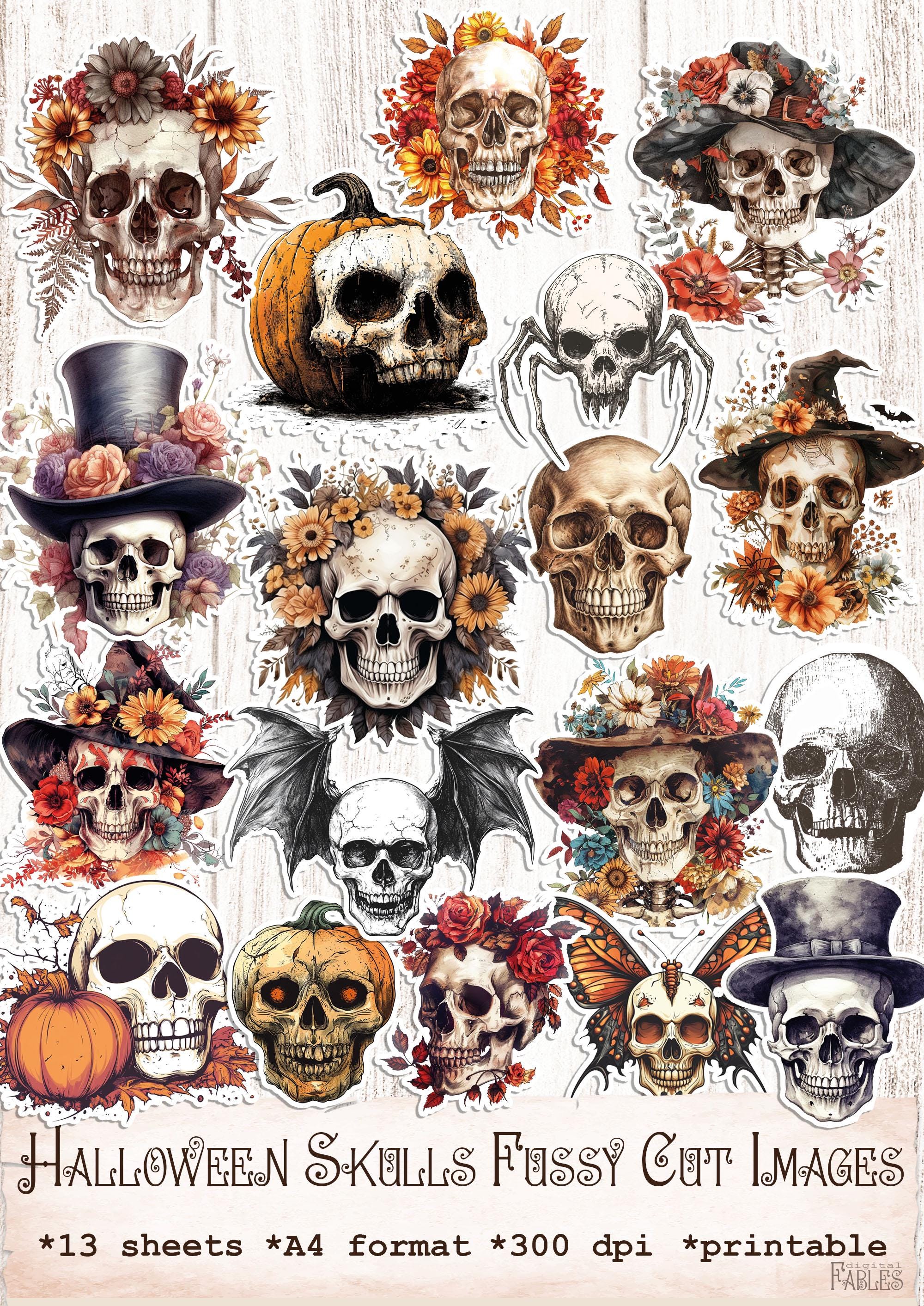 Halloween Skulls Fussy Cut Images, All Hallows Eve Ephemera, Spooky ...
