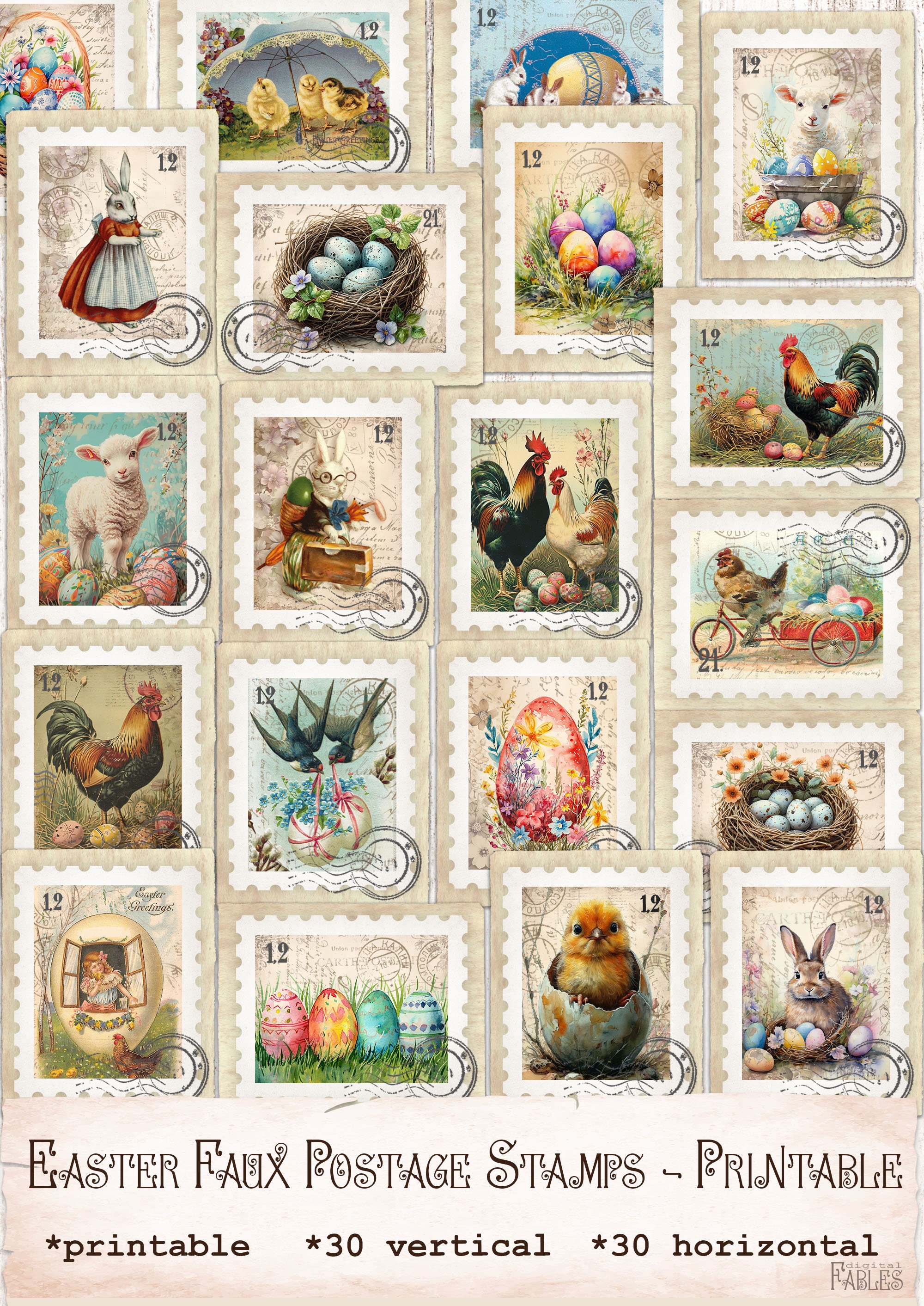 60 Easter Faux Postage Stamps - Printable Ephemera for Junk Journals ...