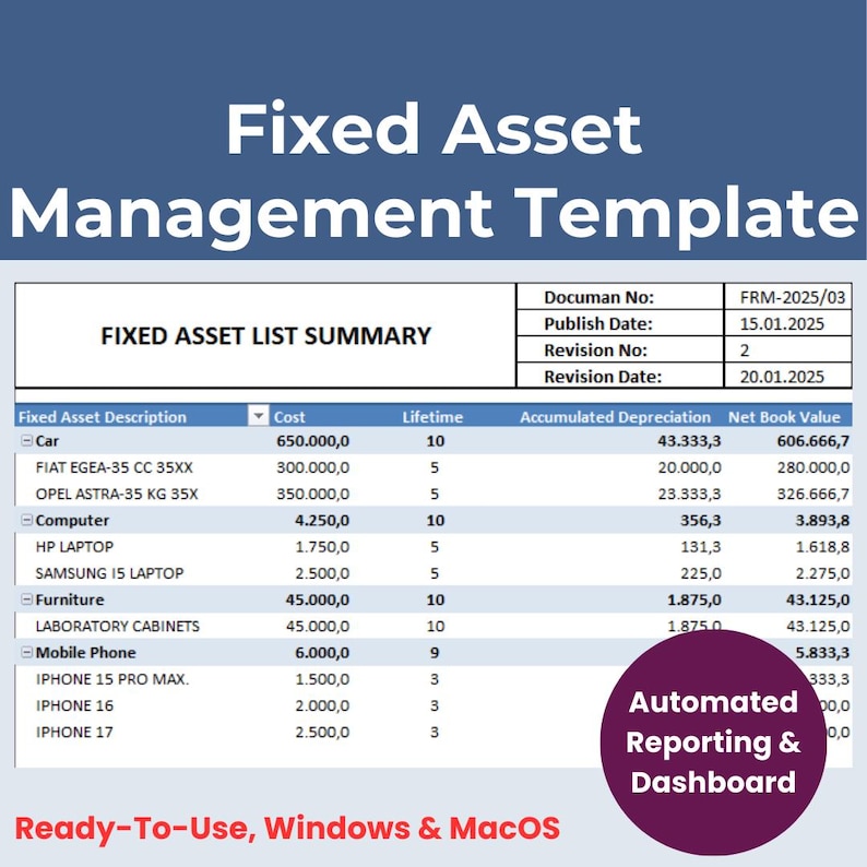 Fixed Asset Management Excel Template | Asset Register, Depreciation ...