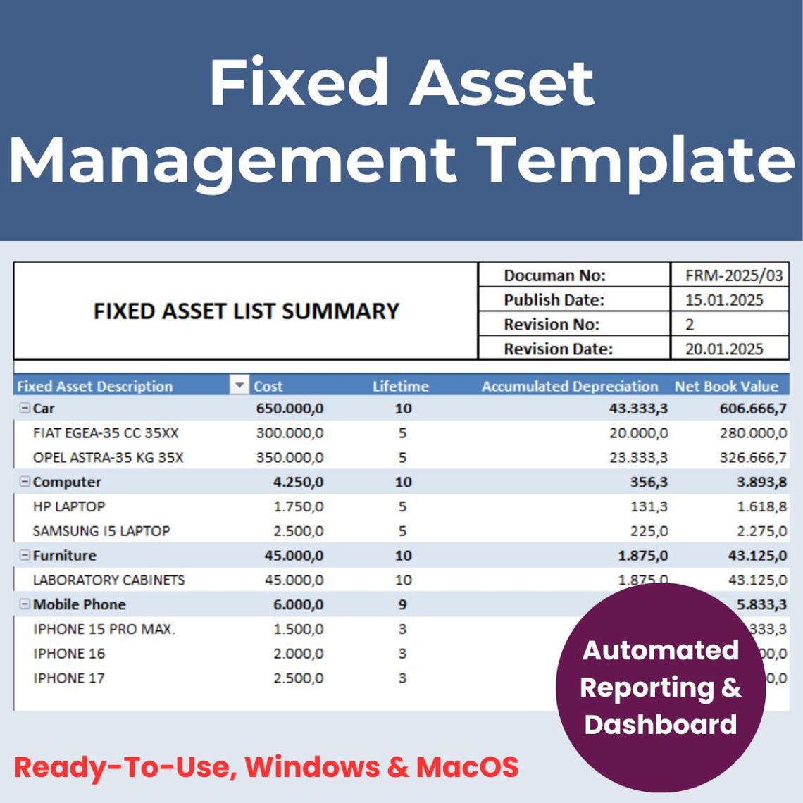 Fixed Asset Management Excel Template | Asset Register, Depreciation ...