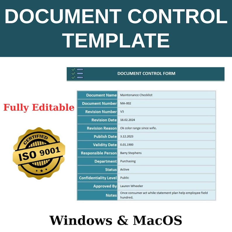 ISO 9001 Document Control Log | Excel Template | Fully Editable Tracker ...