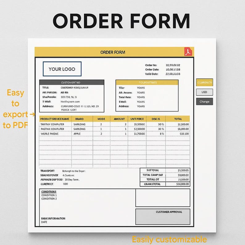 Editable Excel Order Form Template: Instant Download, PDF Export - Etsy