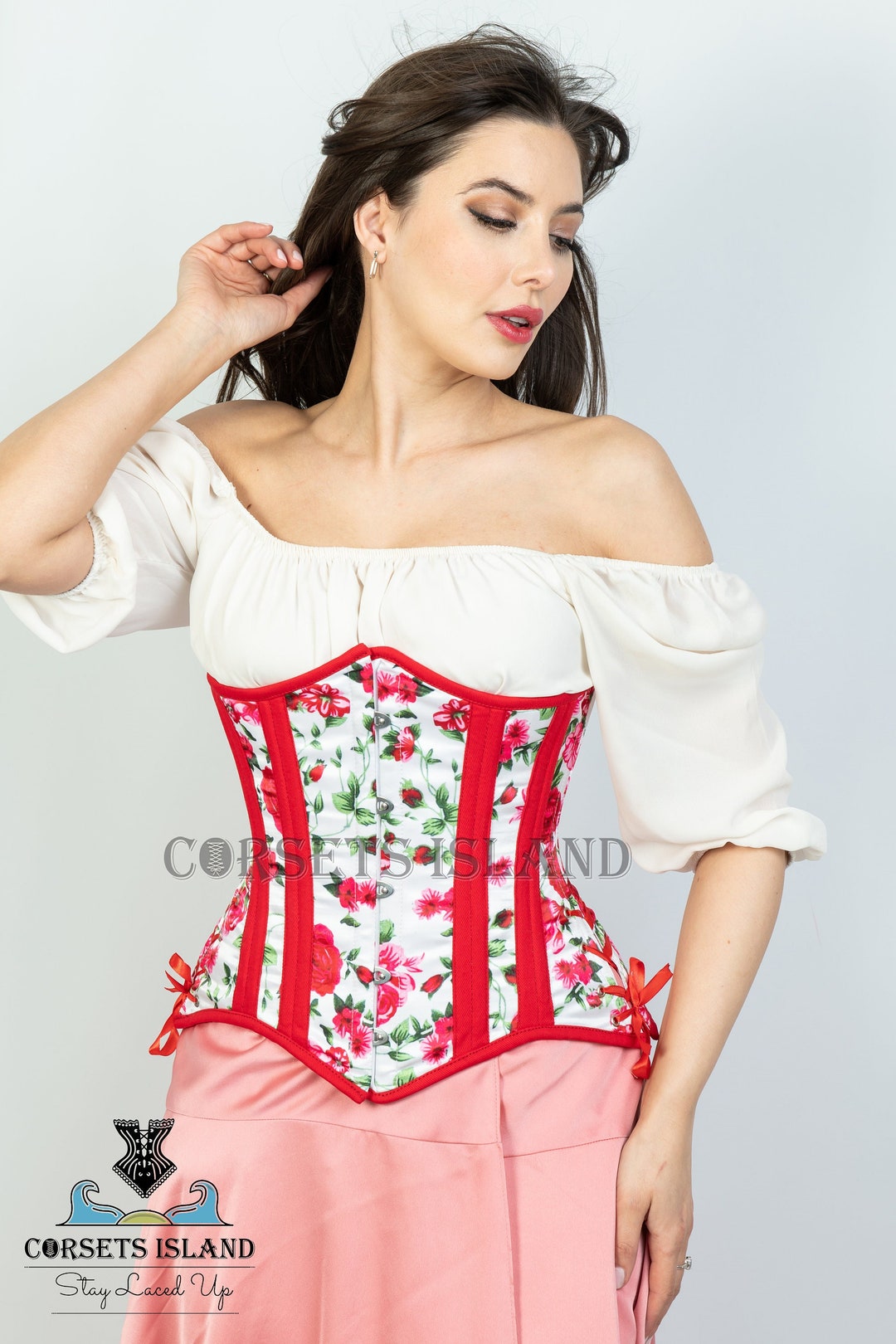 Womens Underbust Waist Trainer Side Laced Red Floral Corset , Heavy ...