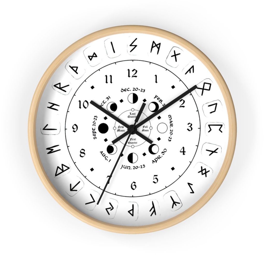 Wall Clock - Pagan, Rune And Moon Cycle Clock. Witchcraft. White Version.
