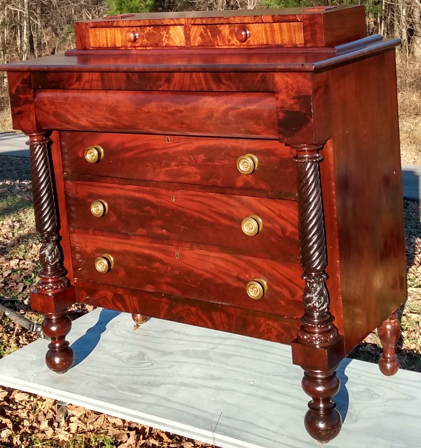 Sheraton Antique Flame Mahogany Chest W/ Twist Columns and Glove Drawer ...
