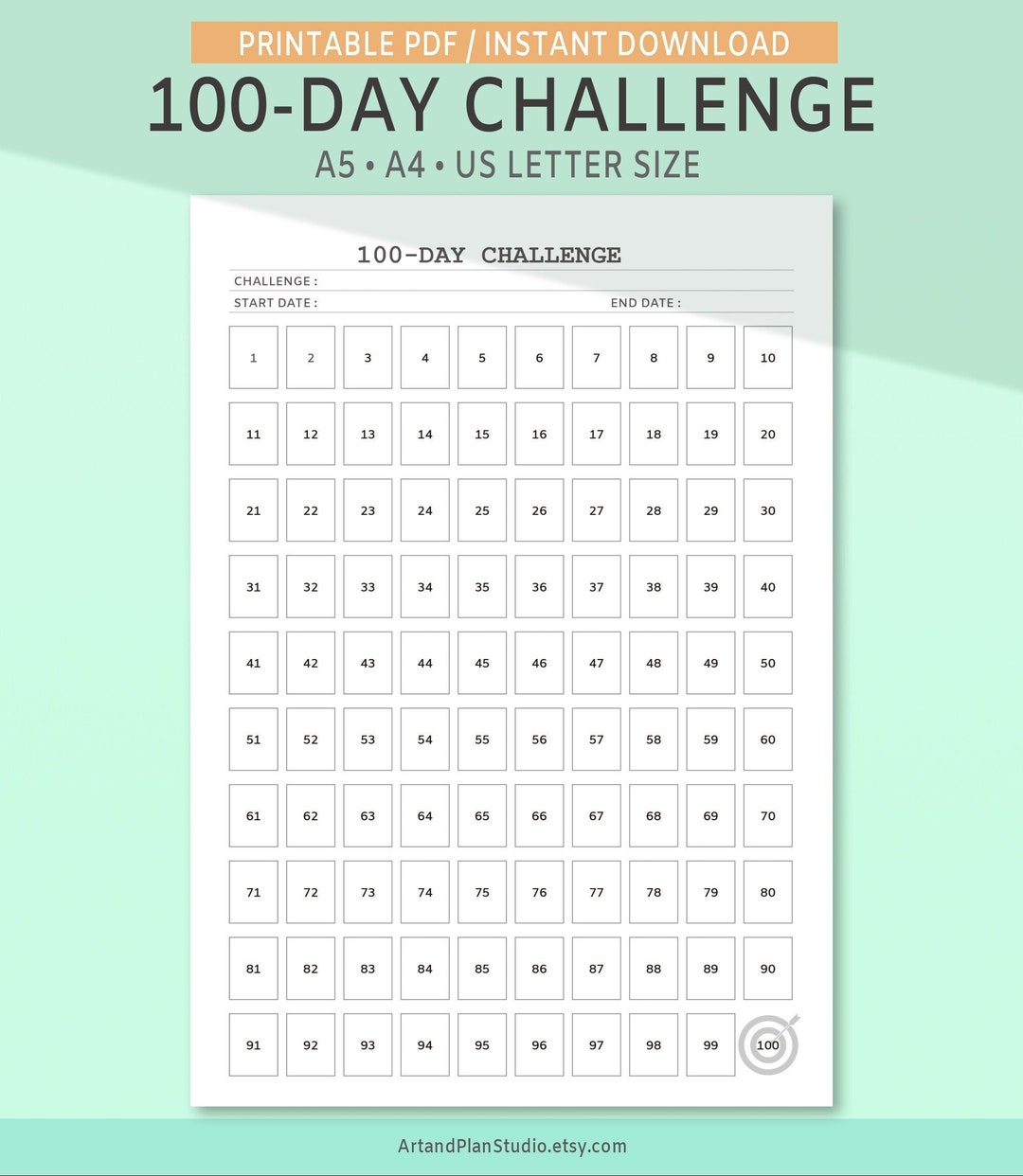 Printable 100 Day Challenge, 100 Days Habit Tracker, Daily Goal Planner ...