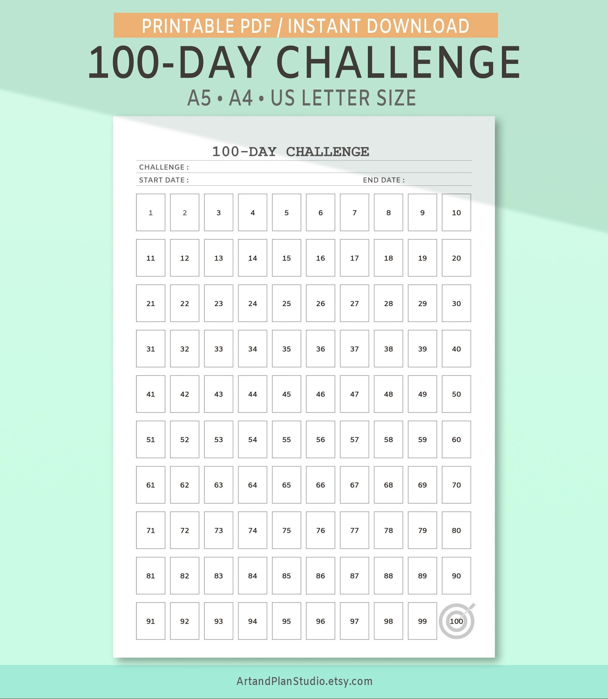 Printable 100 Day Challenge, 100 Days Habit Tracker, Daily Goal Planner ...