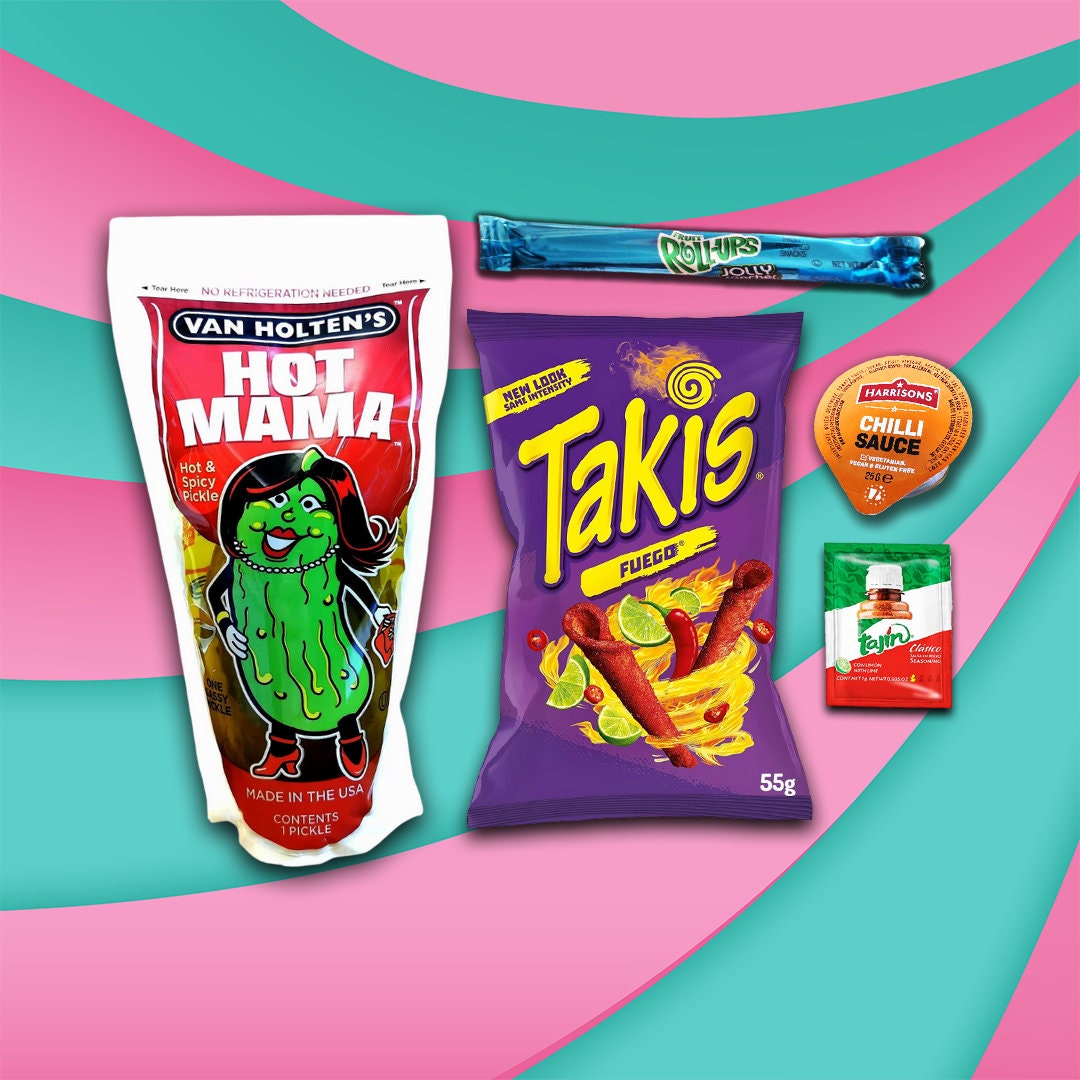 Chamoy Pickle Kit, Tajin, Pickle, Hot Sauce, Takis, Fruit Roll Up - Etsy UK