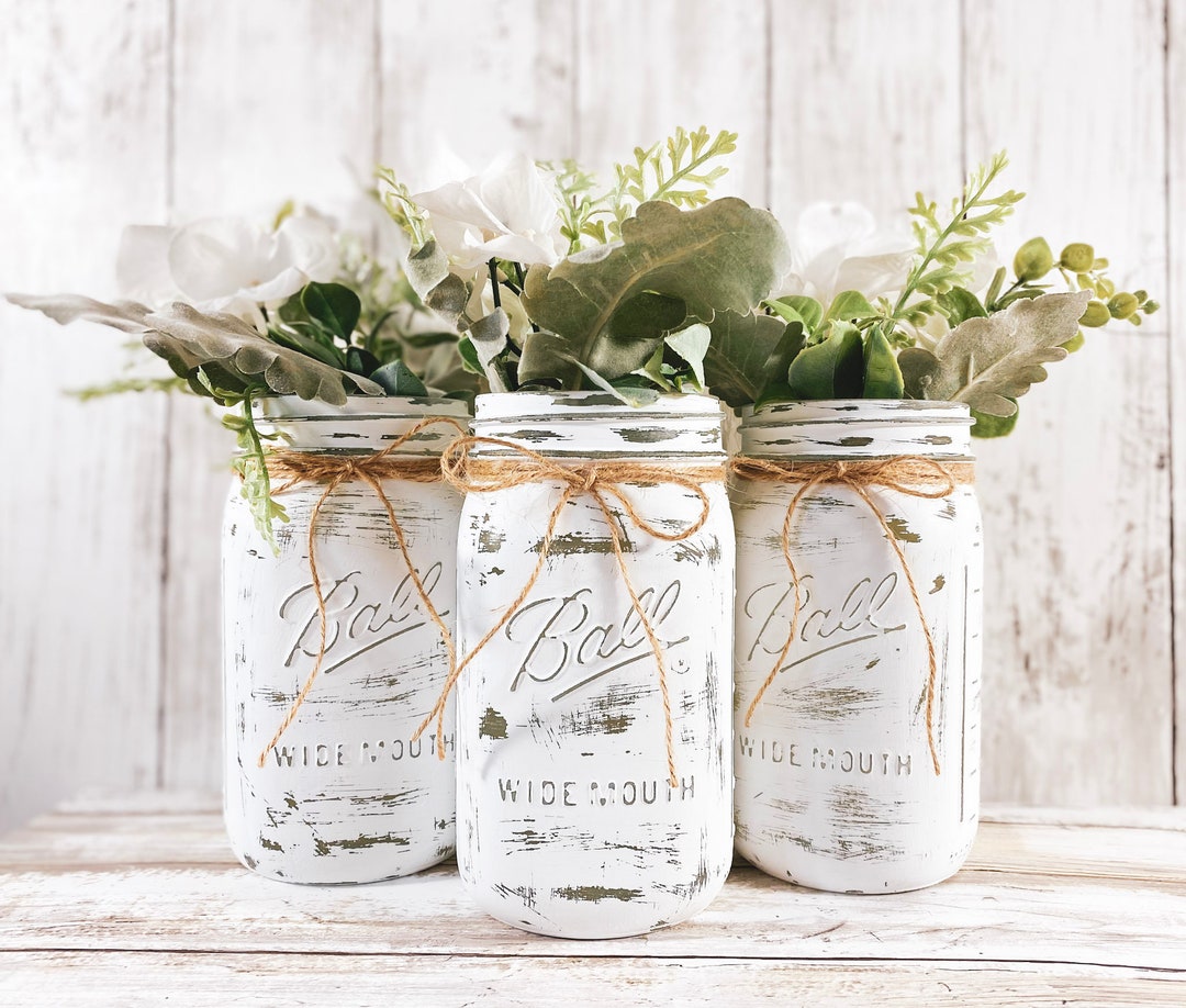 Hand-painted Farmhouse Mason Jars Centerpiece: Shabby Chic Decor - Etsy