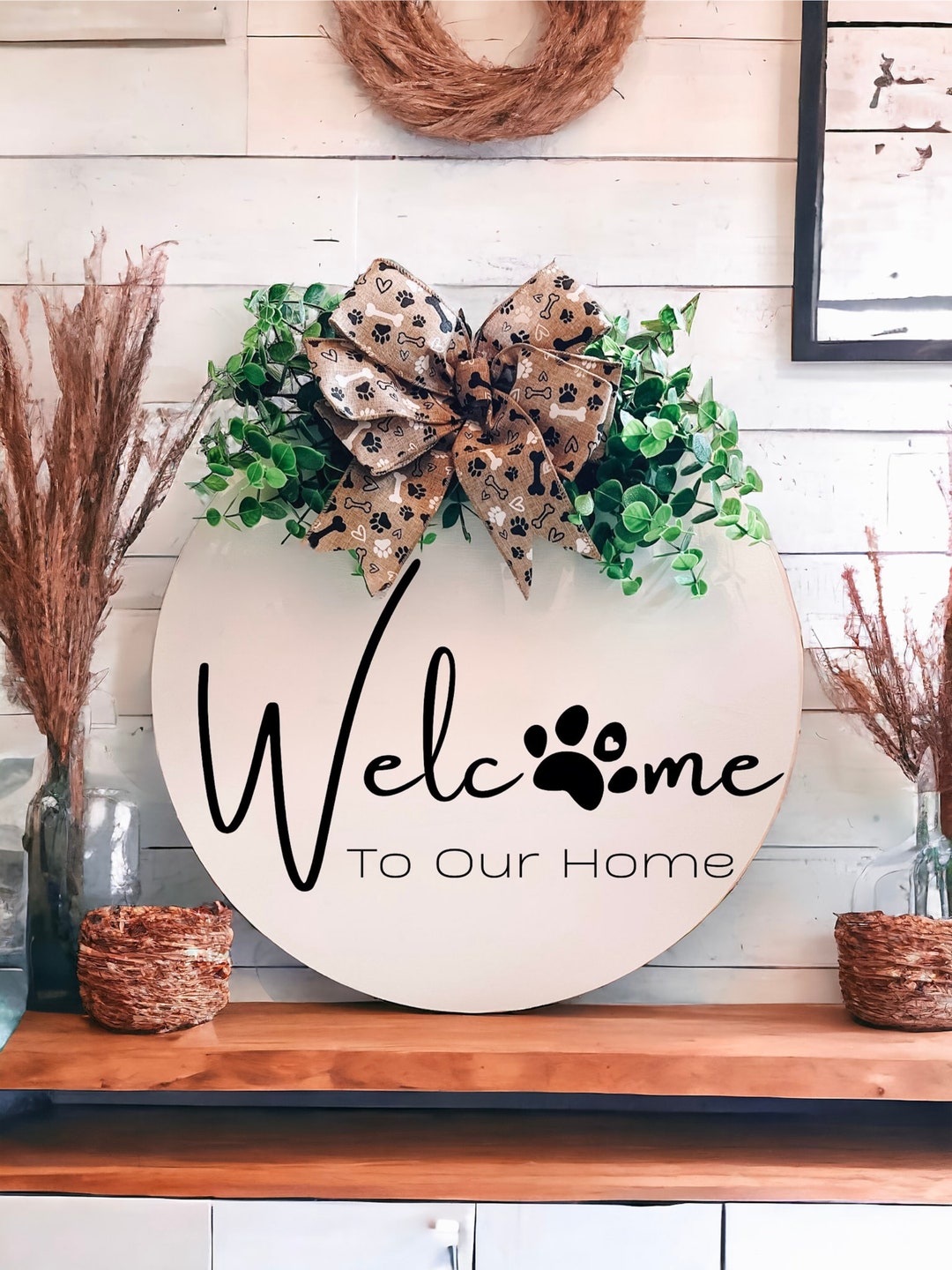 Front Door Decor, Welcome Dog/cat Paw Door Hanger, Year Round Wreath ...