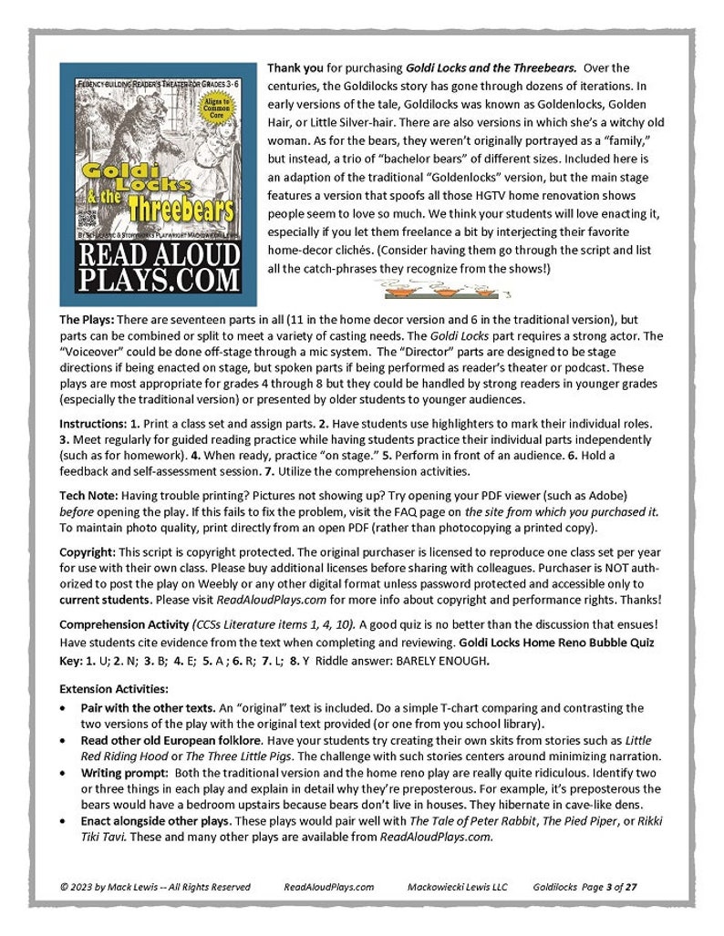 Goldilocks and the Three Bears Readers Theater - Etsy